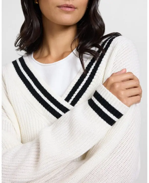 Onia Deep V-neck Varsity Pullover Sweater - Off White/black
