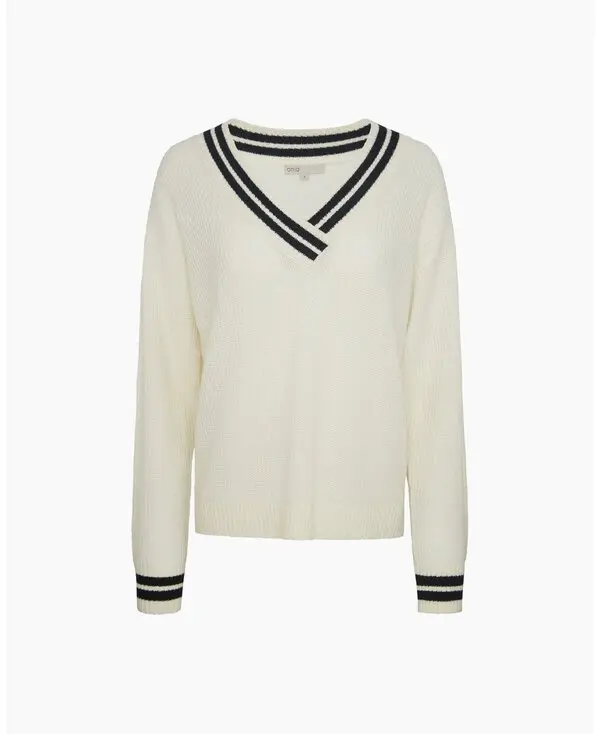 Onia Deep V-neck Varsity Pullover Sweater - Off White/black