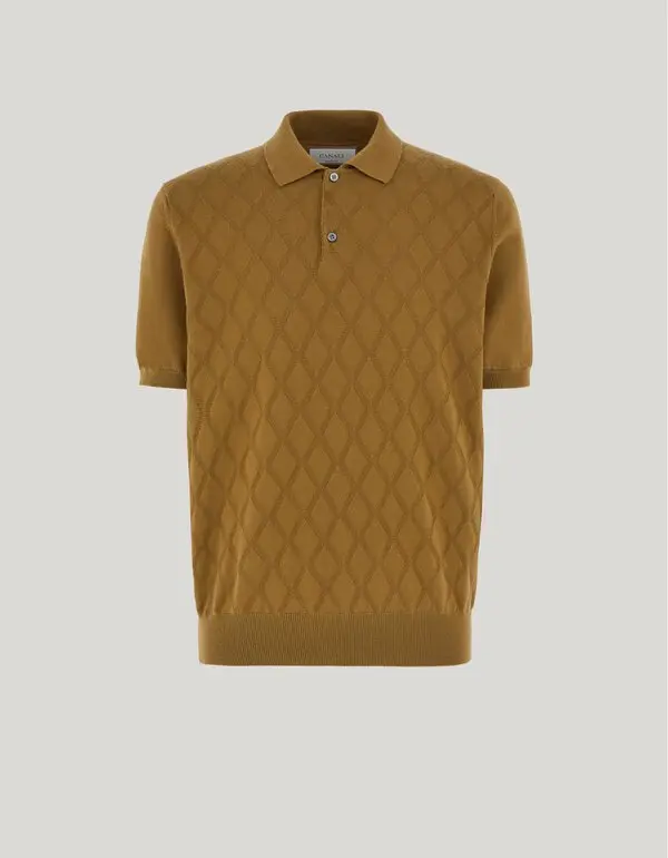 Canali Short-sleeve Mustard Merino Wool Polo With Diamond Texture - Yellow