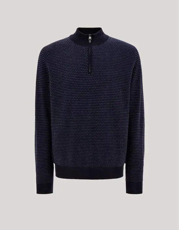 Canali Dark Navy And Pure Jacquard Wool Mock Neck Sweater With Zipper - Blue