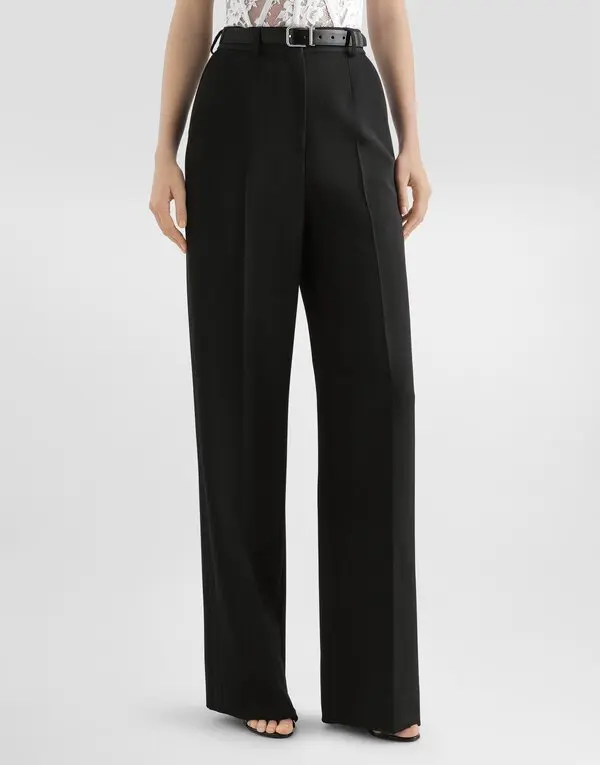 Dolce & Gabbana Wool Gabardine Wide Leg Trousers - Black