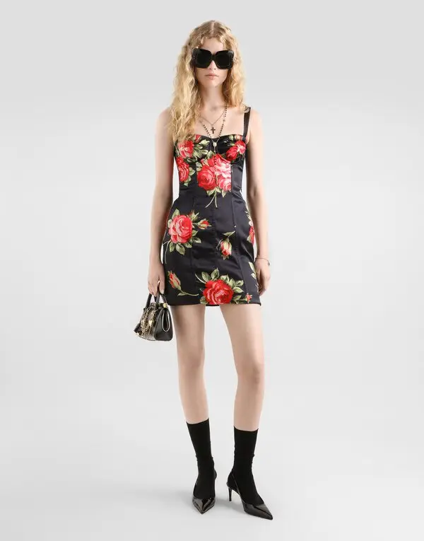 Dolce & Gabbana Rose Bouquet-print Satin Mini Dress - Multicolor
