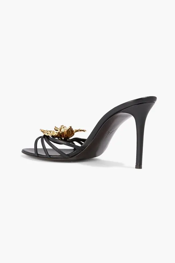 GIUSEPPE ZANOTTI Orchid Floral-appliquéd Leather Mules - Black