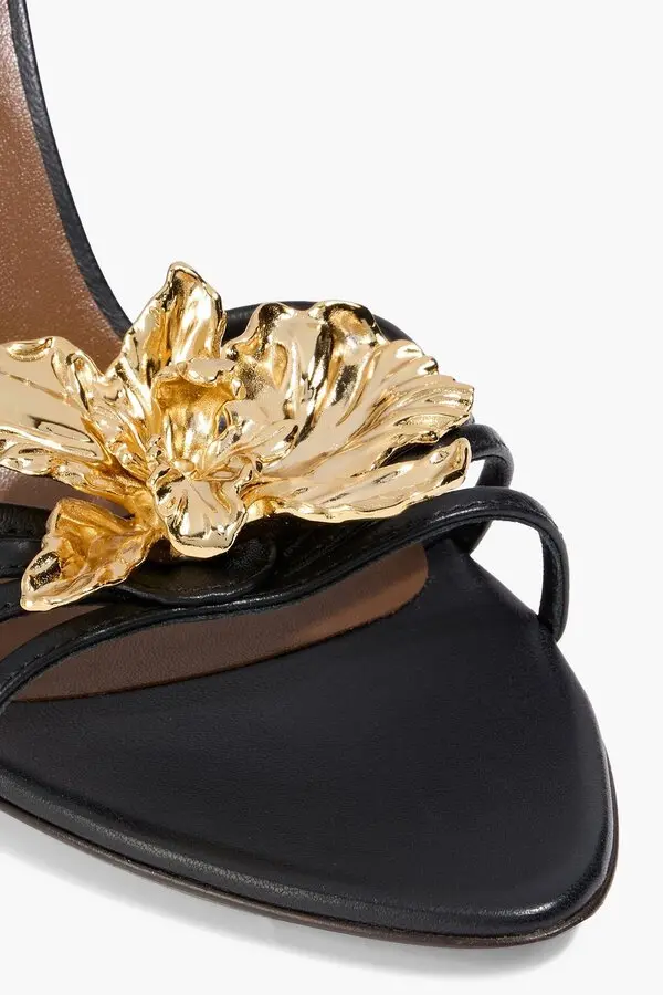 GIUSEPPE ZANOTTI Orchid Floral-appliquéd Leather Mules - Black