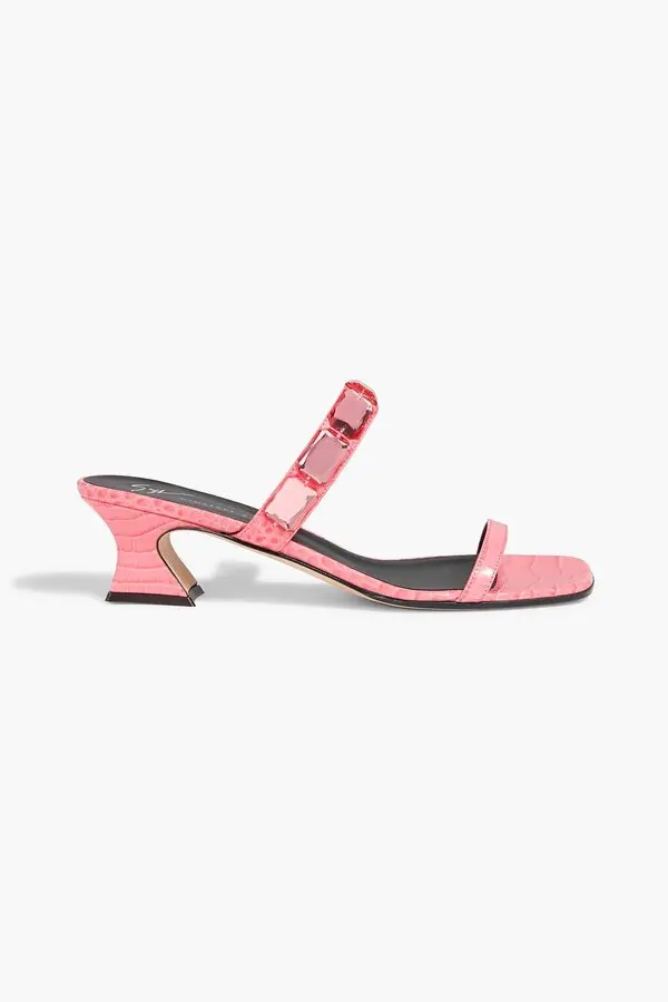 GIUSEPPE ZANOTTI Flaminia Square 45 Crystal-embellished Croc-effect Leather Mules