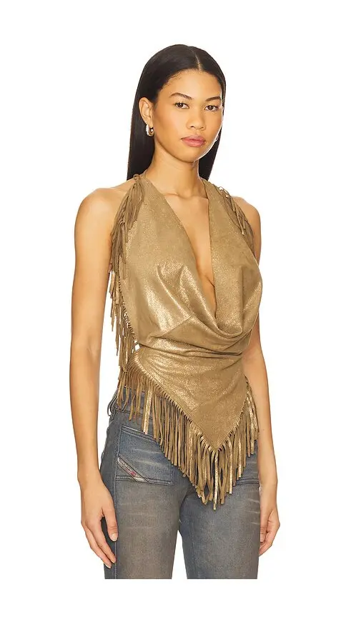 UNDERSTATED LEATHER Shimmery Fringe Halter Top