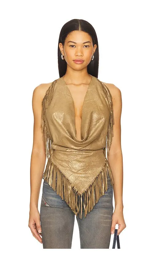 UNDERSTATED LEATHER Shimmery Fringe Halter Top