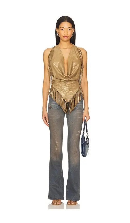 UNDERSTATED LEATHER Shimmery Fringe Halter Top