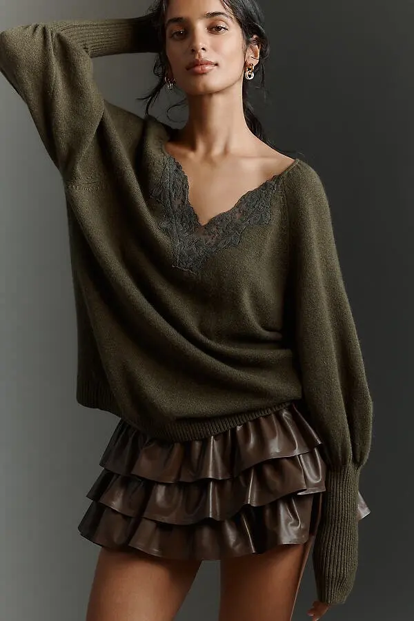 Anthropologie Cashmere & Wool V-neck Sweater - Moss Green