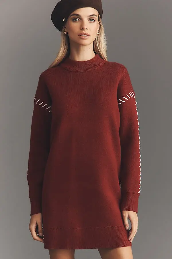 burgundy knit dress mini Women's Out Of Nowhere Contrast Stitch Mini Sweater Dress in Burgundy