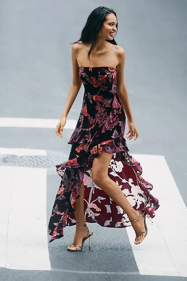 Endless Rose Strapless Ruffled Velvet High-low Dress