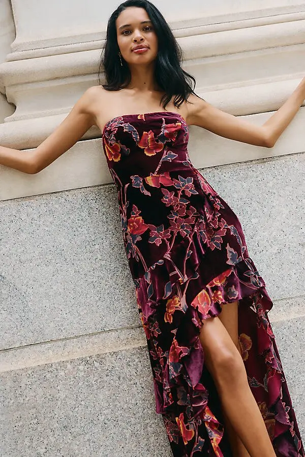 Endless Rose Strapless Ruffled Velvet High-low Dress