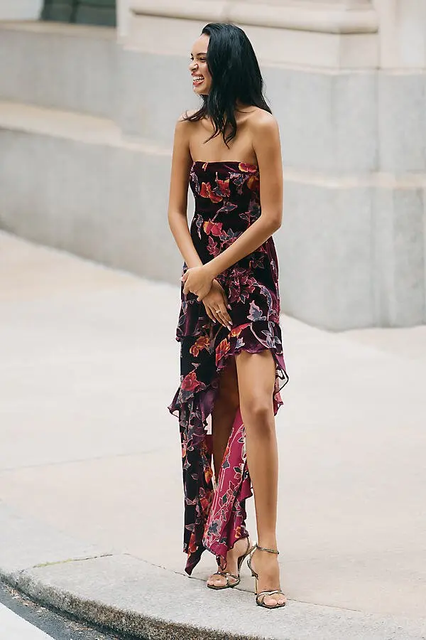 Endless Rose Strapless Ruffled Velvet High-low Dress