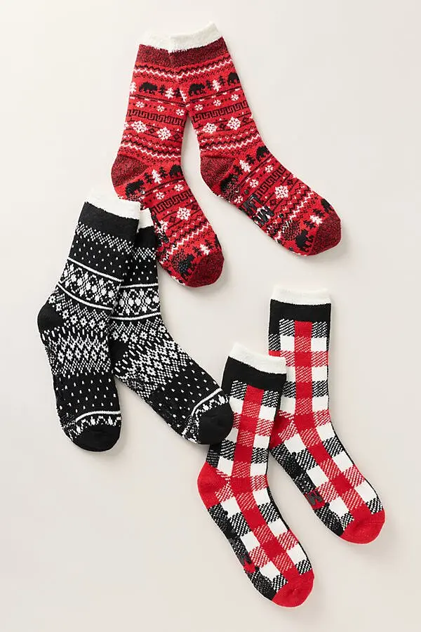 MUK LUKS Tall Cozy Lounge Socks, Set Of 3 - Red