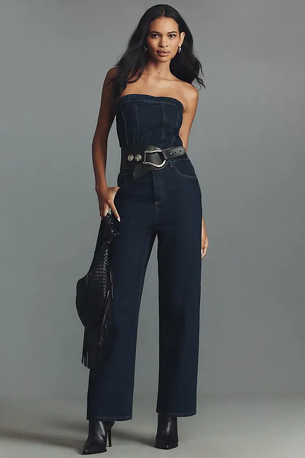 GREY LAB Strapless Corset Denim Jumpsuit - Dark Denim