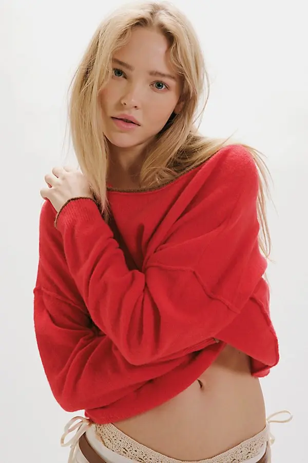 Free People Softspun Pullover - High Risk Red Combo