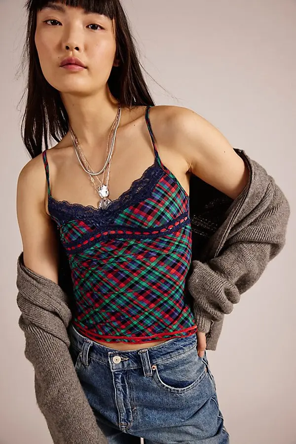 Free People Mix & Match Cami - Navy Plaid Combo