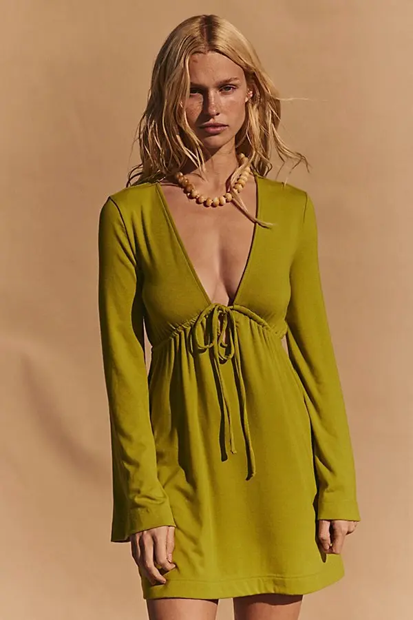 Free People Long-sleeve Plunge Mini Dress - Gilded Lime