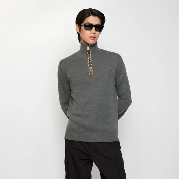 Burberry Check Trim Wool Half-zip Sweater - Grey