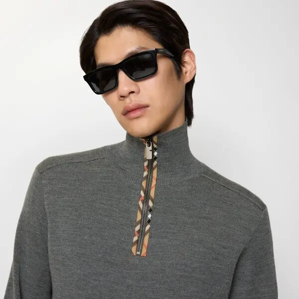 Burberry Check Trim Wool Half-zip Sweater - Grey