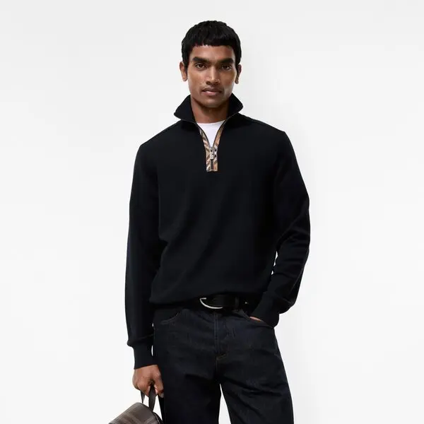 Burberry Check Trim Wool Half-zip Sweater - Navy