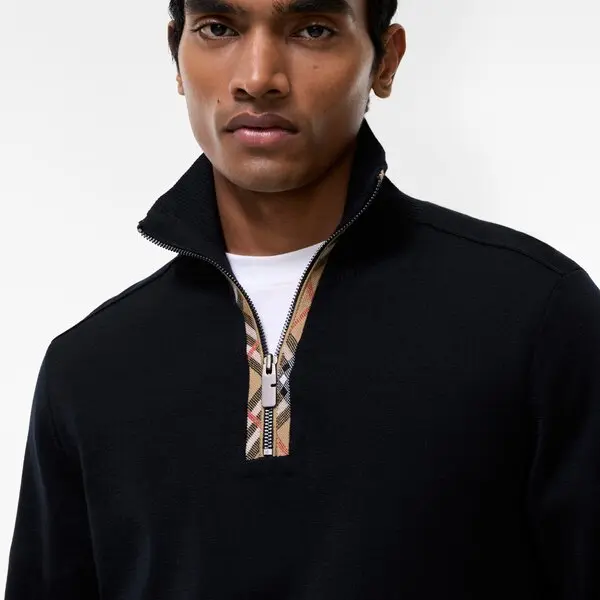 Burberry Check Trim Wool Half-zip Sweater - Navy