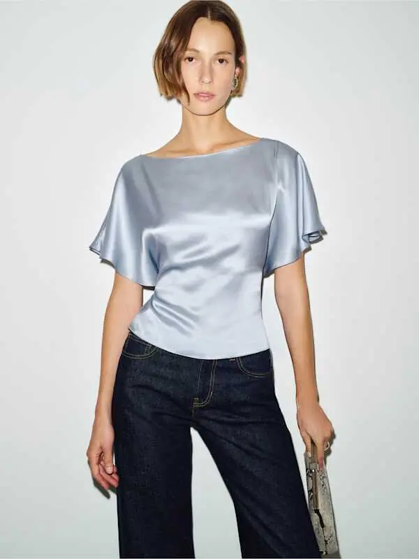 REFORMATION Avery Silk Top With Bell Sleeves - Blue