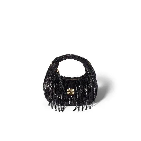 Miu Miu Wander Mini-bag With Crystal And Sequin Fringe - Black