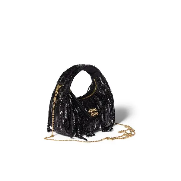 Miu Miu Wander Mini-bag With Crystal And Sequin Fringe - Black