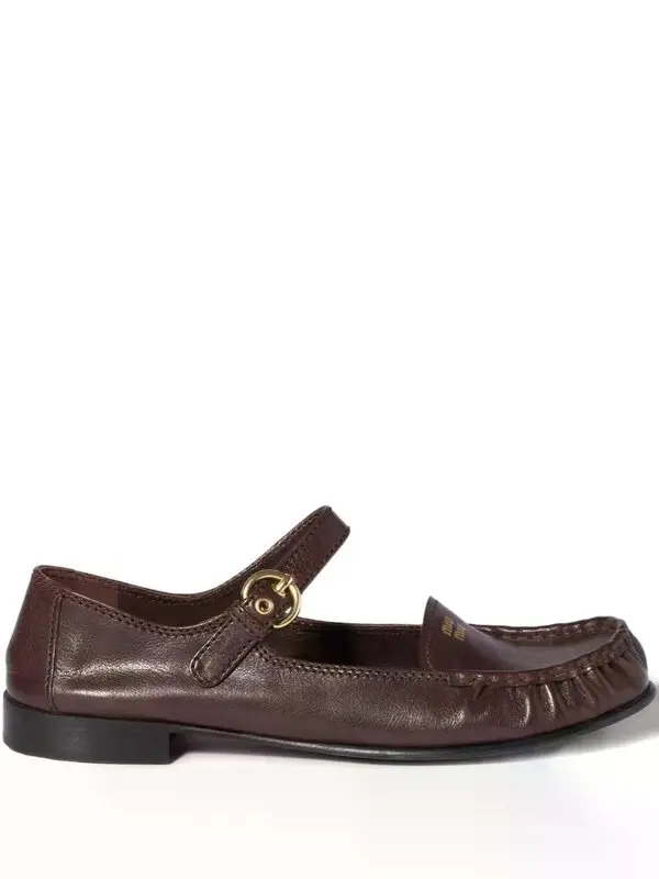 Miu Miu Leather Mary Jane Loafers With Buckle Strap - Brown