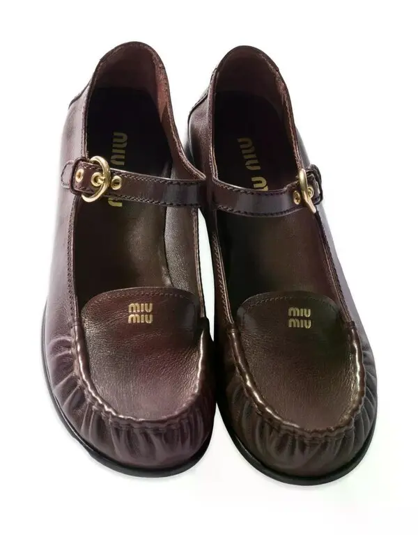 Miu Miu Leather Mary Jane Loafers With Buckle Strap - Brown