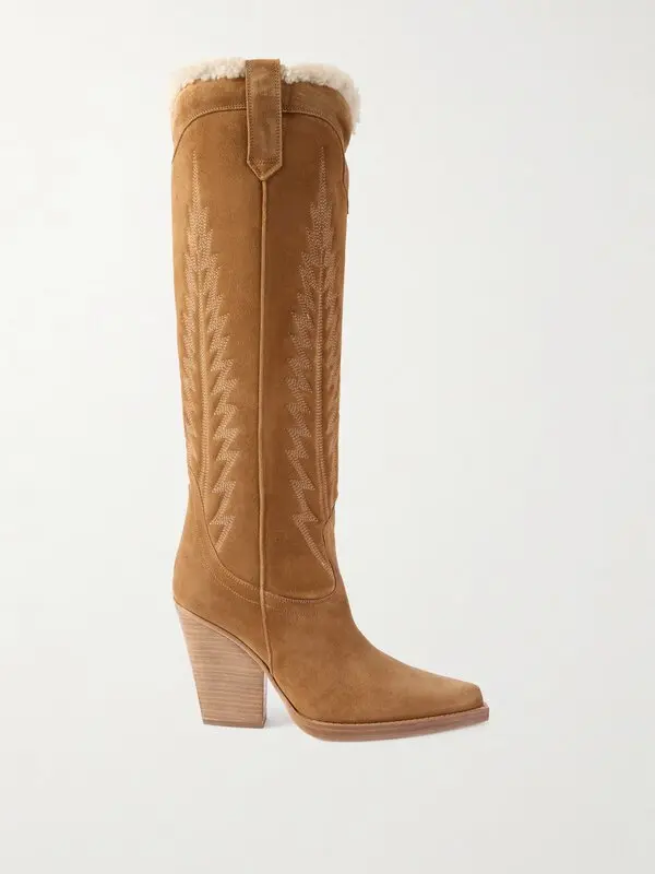 Paris Texas El Dorado Embroidered Shearling-lined Suede Knee Boots - Yellow
