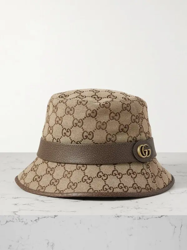 Gucci Leather-trimmed Cotton-blend Jacquard Bucket Hat - Neutrals