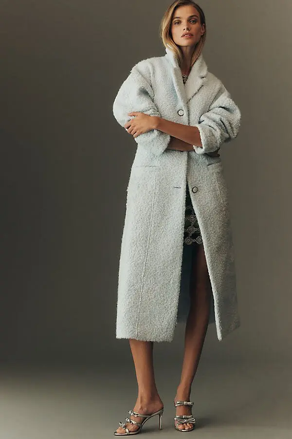 Maeve Tailored Bouclé Long Coat Jacket - Sky