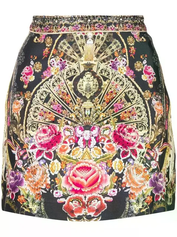 Camilla Baroque-print Mini Skirt - Black