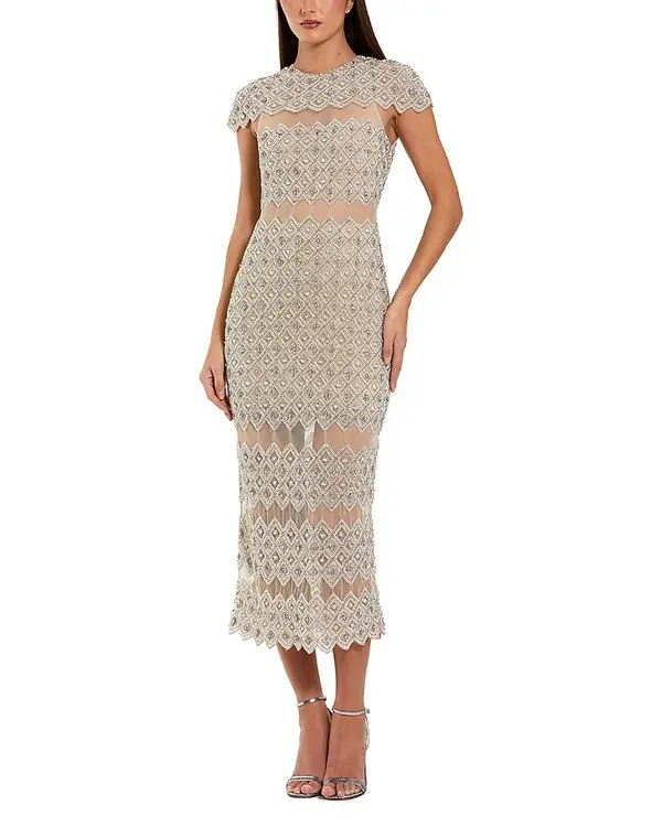 Mac Duggal Beaded Mesh Fitted Midi Dress In Ivory Nude | Editorialist