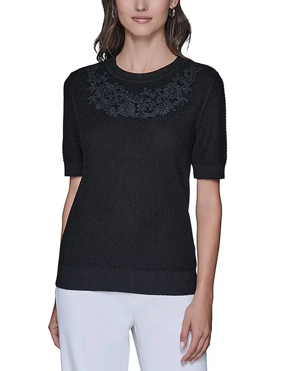 Karl Lagerfeld Paris Floral Trimmed Sweater - Black
