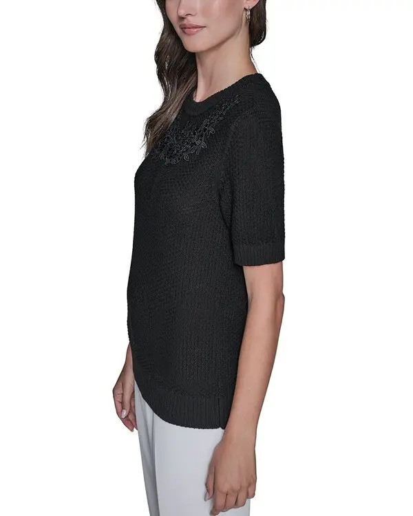 Karl Lagerfeld Paris Floral Trimmed Sweater - Black
