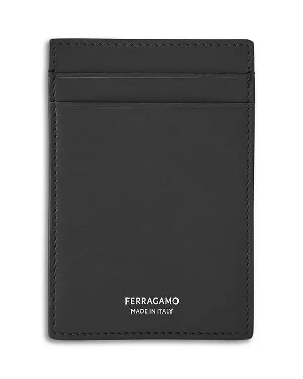 FERRAGAMO Calfskin Leather Money Clip Card Holder - Nero