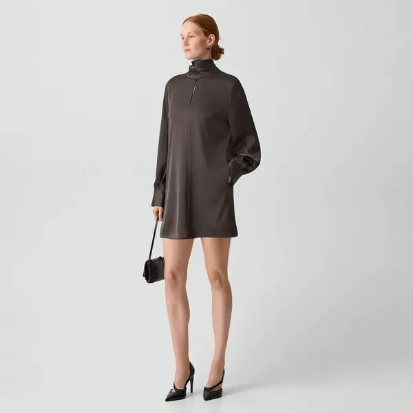 Theory Blouson Sleeve Satin Dress - Dark Graphite