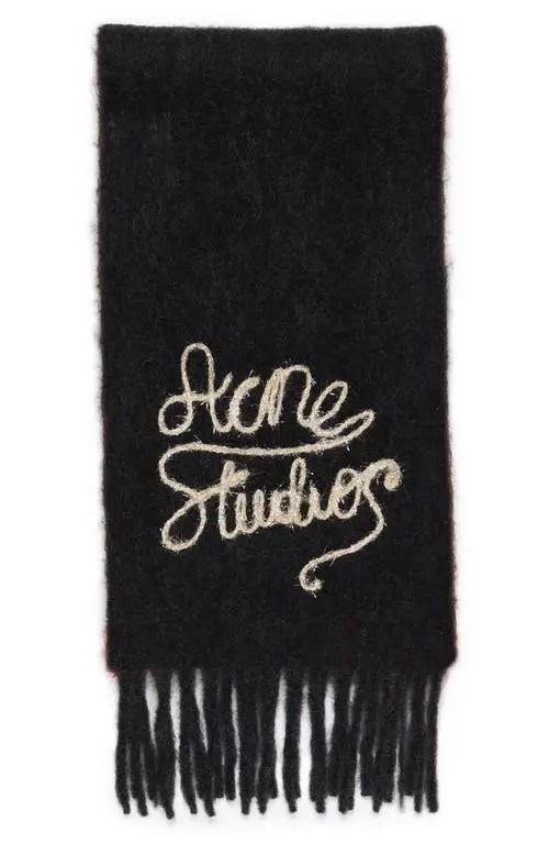 Acne Studios Winter Vally Logo Embroidered Alpaca Blend Fringe Scarf - Black