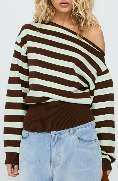 Princess Polly Zinia One-shoulder Striped Sweater - Brown/blue Stripe