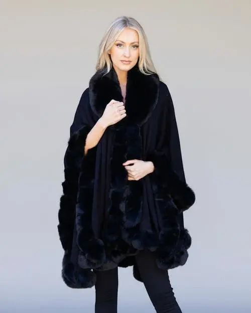LE FAFO Wool Poncho With Faux Fur Trim - Black
