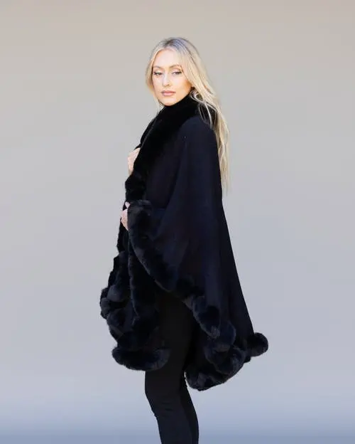 LE FAFO Wool Poncho With Faux Fur Trim - Black
