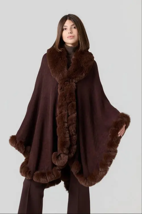 LE FAFO Wool Poncho With Faux Fur Trim - Brown