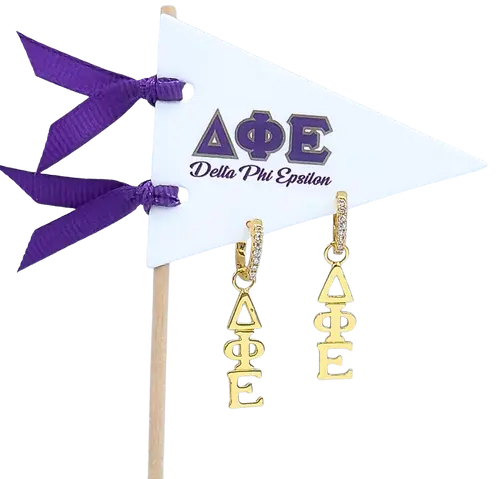 COLOR SHOUT Delta Phi Epsilon Greek Letter Huggie And Charm Earrings - Yellow Gold