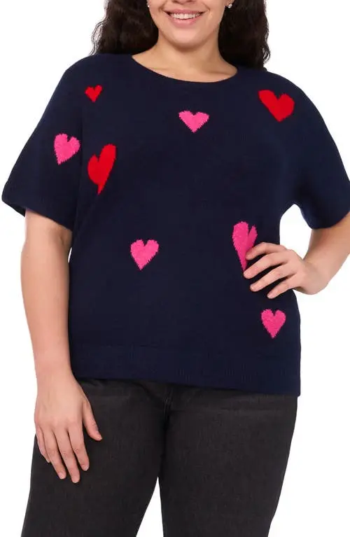 CECE DUPRAZ Heart Print Short Sleeve Sweater - Classic Navy