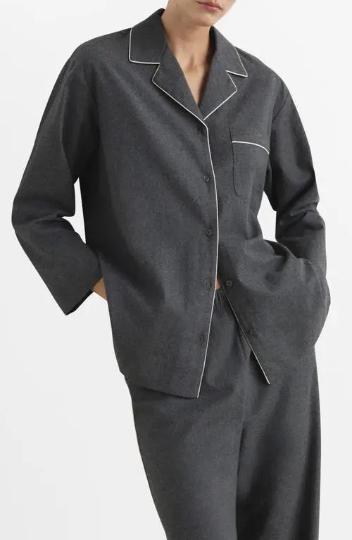 Mango Contrast Piping Mélange Cotton Flannel Pajamas - Charcoal