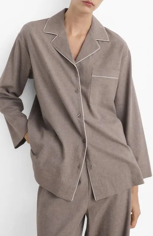 Mango Contrast Piping Mélange Cotton Flannel Pajama Top - Medium Brown