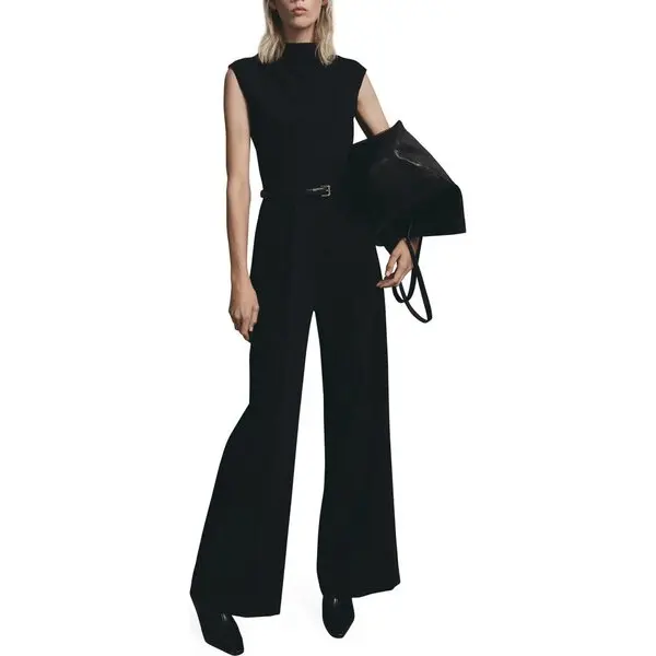 Mango Drape Neck Belted Jumpsuit - Black